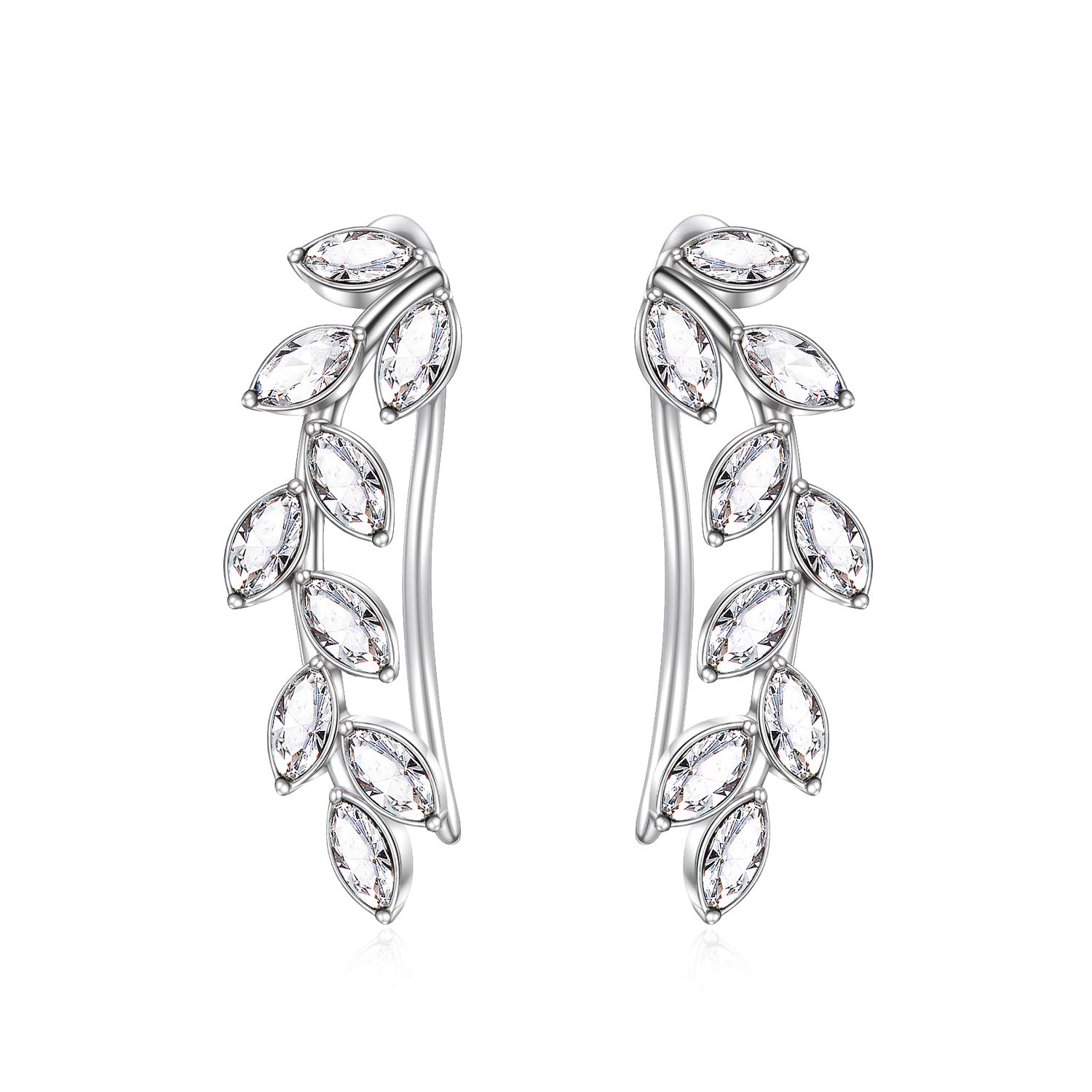 925 Sterling Silver Leaf Earring Ear Crawlers Earrings with Simulated Emerald Green Birthstone Crystals Climber Earrings Jewelry Gift for Her