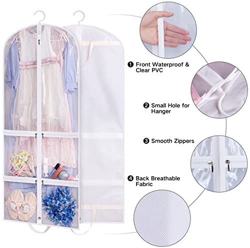 SLEEPING LAMB Clear Garment Bag for Dance Costume Kids 50 Inch Hanging Clothes Cover for Closet Storage With 4 Large Zipper Pockets for Ballet, Theatre, Competitions, 3 Packs, White