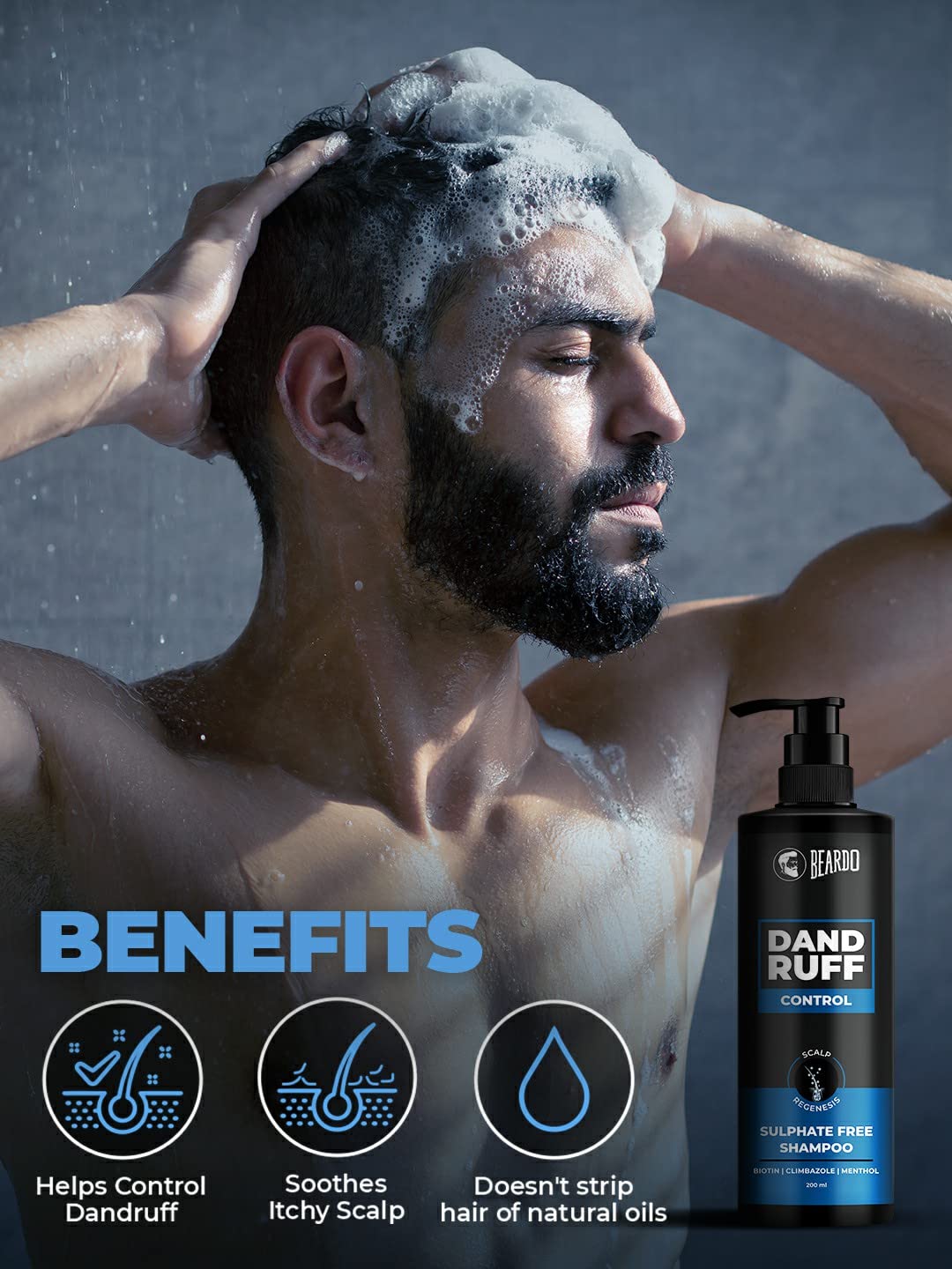 BEARDO Dandruff Control Sulphate Free Shampoo for Men 200 ml | Anti Dandruff Shampoo | Biotin | Climbazole | Menthol | Shampoo for Oily Hair | Reduce Dandruff | Itchy Scalp Treatment - 7 Fl Oz