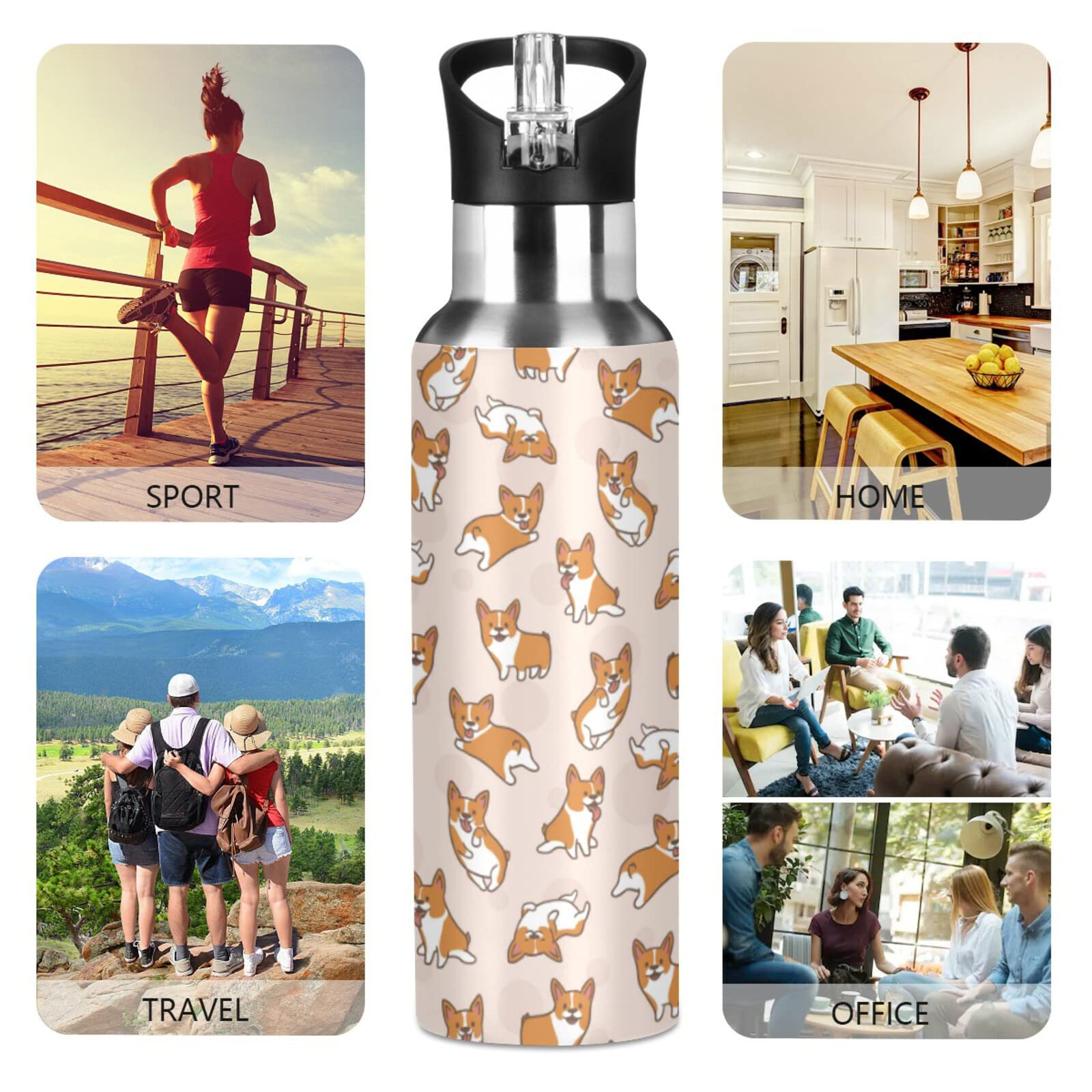 ALAZA Cute Little Corgi Dogs Water Bottle with Straw Lid Vacuum Insulated Stainless Steel Thermo Flask Water Bottle 32oz