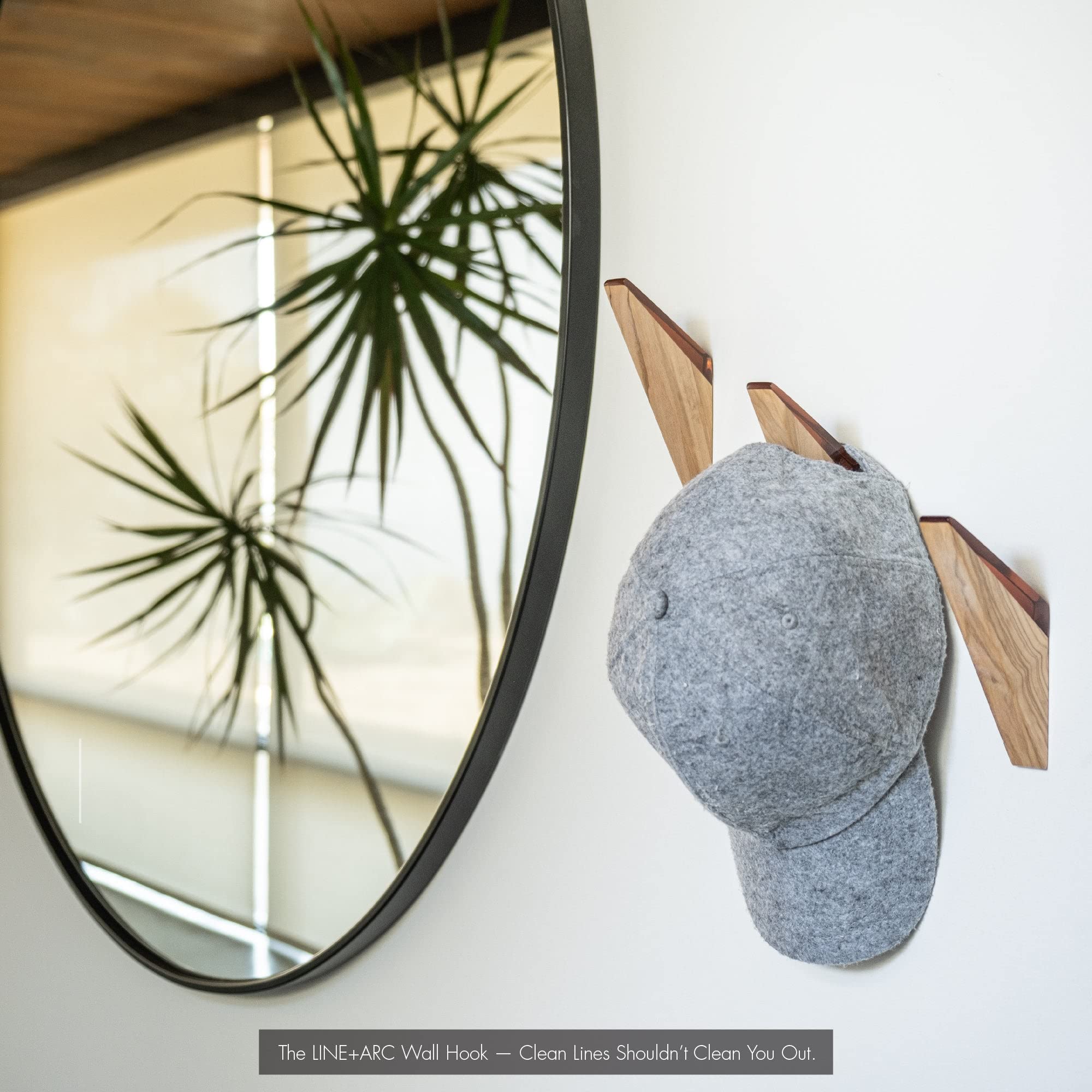 LINE+ARC The Wall Hook (Set of 3, Amber). Solid Olive Wood & Acrylic Resin. Mid-Century Modern, Minimalist, Scandinavian, for Coat hat Towel. 25lb Weight Limit.