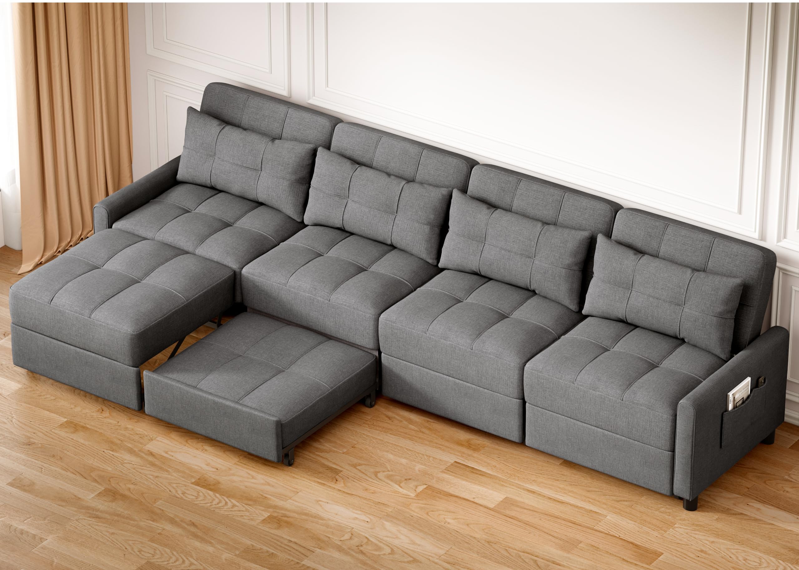 Aiho Pull Out Couch - 4-Seater Sectional Sleeper Sofa, Convertible with Adjustable Backrest & Spring Support for Living Room, Dark Grey