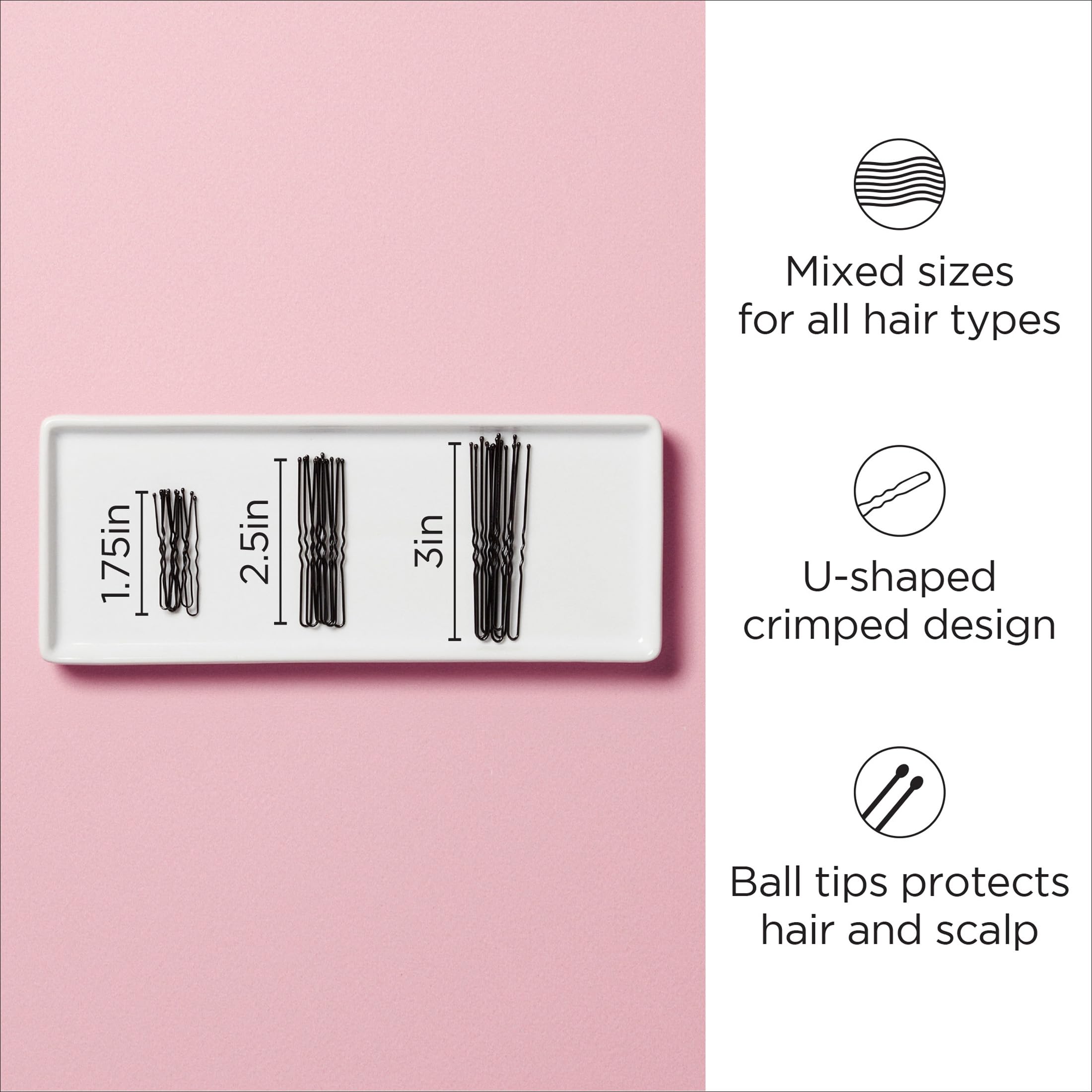 Diane Hair Pins for Women Bulk Pack of 100 Assorted Sizes Jumbo 3, Large 2.5, Medium/Small 1.75 - Black, Crimped Design with Ball Tips, D475-100 Count(Pack of 1)