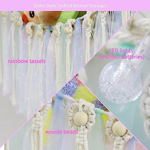 GSZTTKX Stuffed Animal Hammock,Macrame Large Toy Net Hanging for Stuffed Animals Storage Organizer Wall Corner,Boho Plush Stuffed Animal Holder Children Room Nursery Decor (with Light,Beads,White)