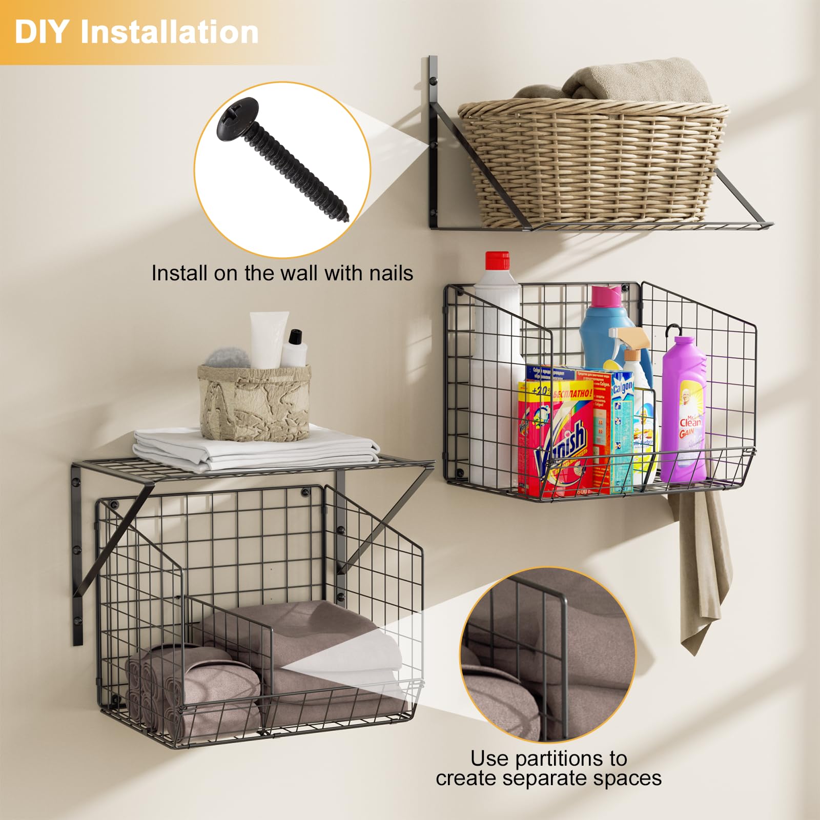 AUATRONNE 4 Pack Laundry Room Shelves Wall Mounted with Wire Baskets, Over Washer and Dryer Shelf, Laundry Room Organizer and Storage with 2 Removable Dividers -Black