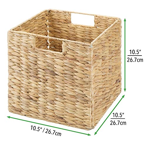 mDesign Natural Woven Hyacinth Cube Bin Basket Organizer with Handles, Storage for Bedroom, Home Office, Bathroom, Shelf and Cubby Organization, Hold Blankets, Magazines, Books, 4 Pack, Natural/Tan