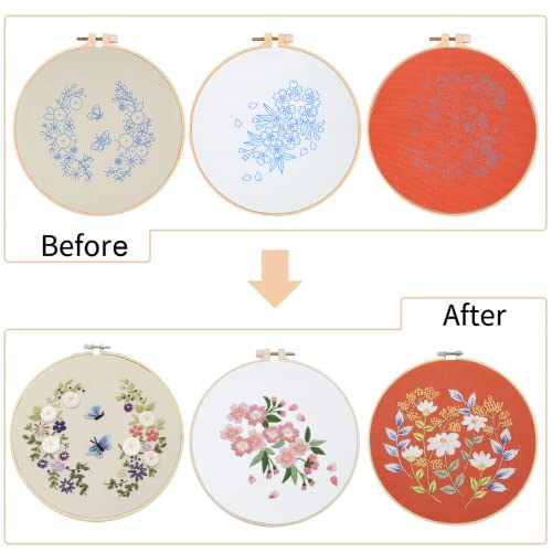 chfine 3 Pack Embroidery Starter Kit with Pattern, Cross Stitch Kit for Adults Beginners, Including Stamped Embroidery Cloth with 1 Embroidery Hoops, Color Threads and Tool(Mothers Day Gifts)