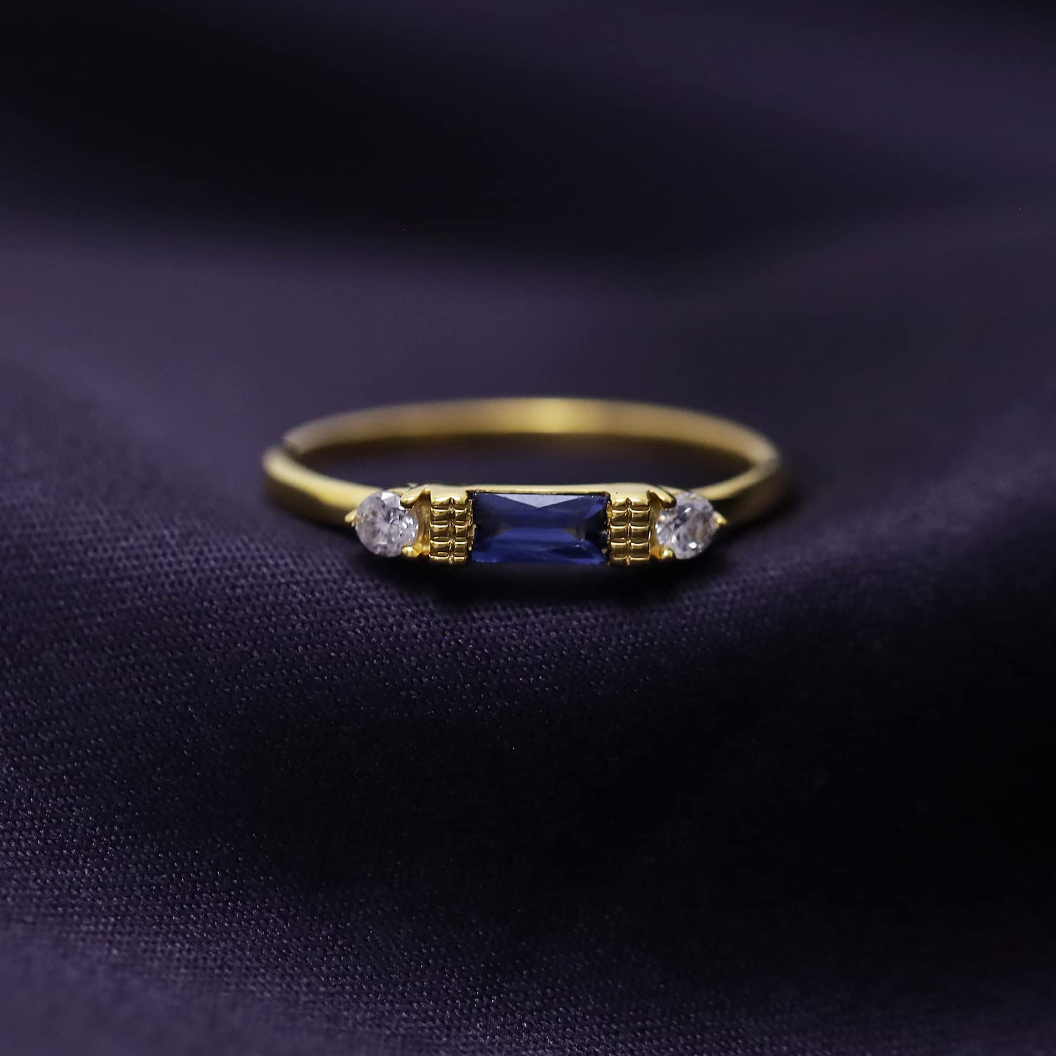 AFFY Baguette Simulated Sapphire Blue & White Cubic Zirconia 14K Yellow Gold Over Sterling Silver Three Stone Design Bridal Engagement Wedding Ring Jewelry For Women Size-6