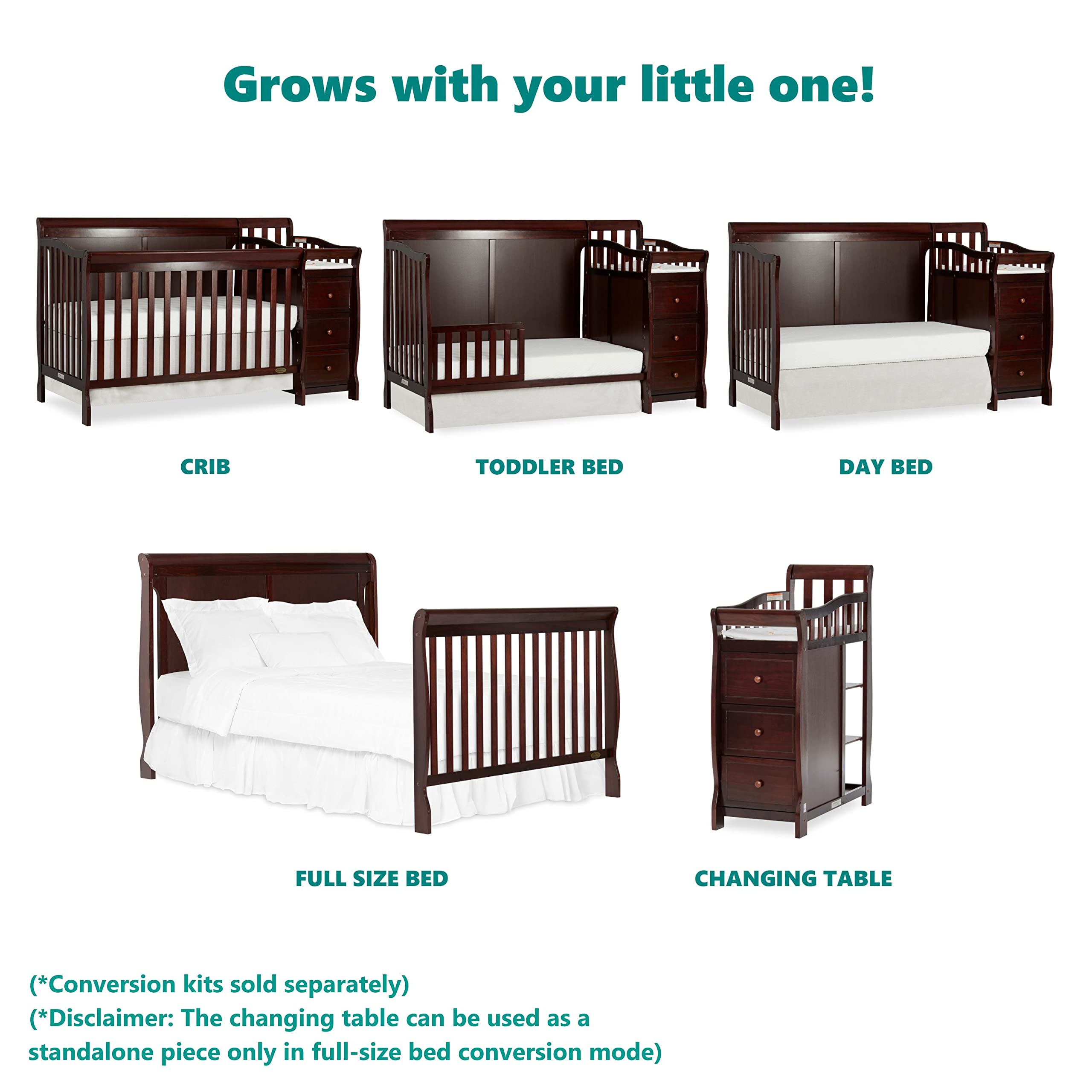 Dream On Me 5-in-1 Brody Full Panel Convertible Crib in Espresso with Changer, Spacious Drawers, Detachable Changing Table, 1''Changing Pad