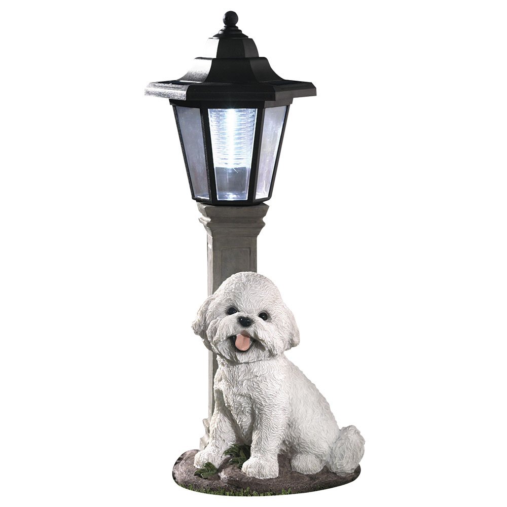 Bits and Pieces-Solar Bichon Lantern-Solar Powered Garden Lantern - Resin Dog Sculpture with LED Light