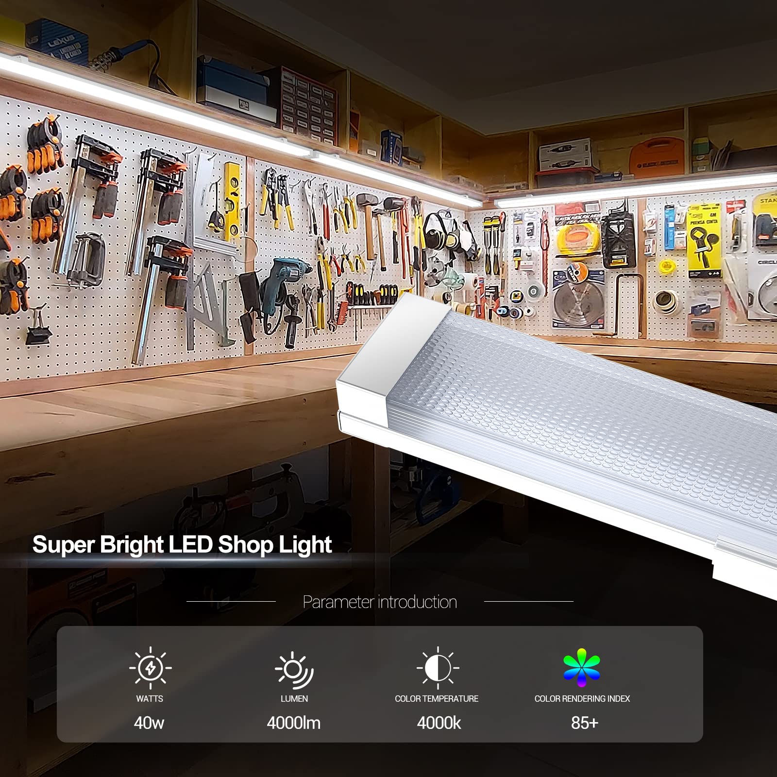 FAITHSAIL 5 Pack 4FT LED Shop Light, 40W LED Utility Light with Plug, 4000 LM, 4000K, 48 Inch LED Garage Light with Hanging Chain for Garage, Basement, Workshop, Hanging or Flush Mount, Non-Linkable