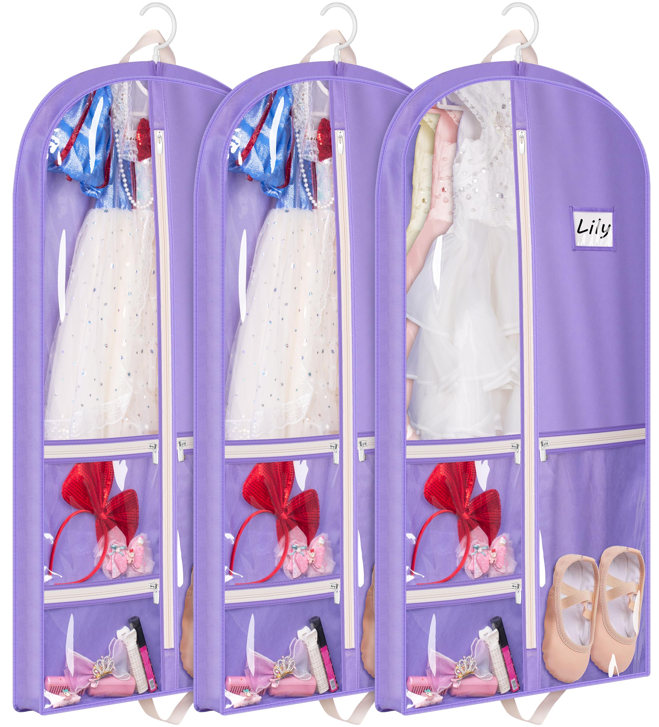 MISSLO Dance Garment Bags for Dancers 40" Hanging Dance Costume Garment Bag Kids Garment Bags with 3 Zippered Pockets Storage for Girls Competition, Travel, 3 Packs, Purple
