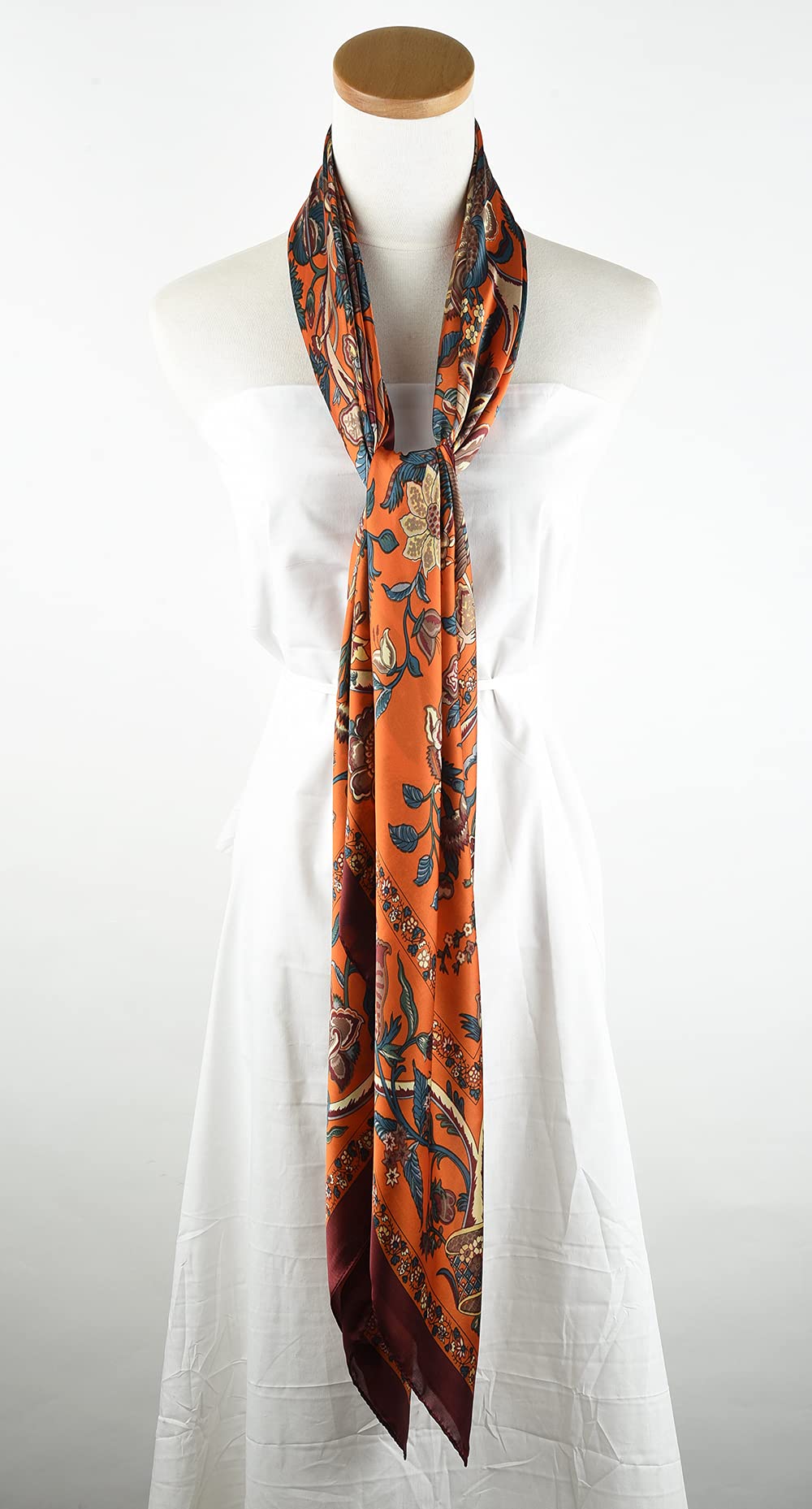 corciova Large Lightweight Women Square Designer Silk Scarf Shawl Pashmina Wrap 53 x 53 Safety Orange Burgundy Florals