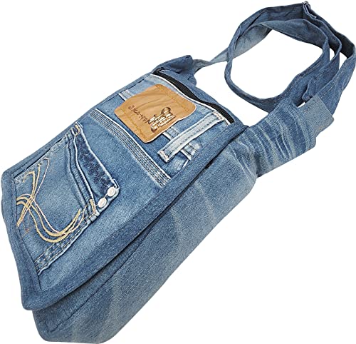 BDJ Upcycling Blue Denim Jeans Oblong Small Cross Body Shoulder Handbag Purse (Small Crossbody 5)