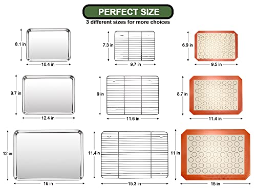 Baking Sheet Tray Cooling Rack with Silicone Mat Set, Stainless Steel Cookie Pan For Oven, Set of 9 (3 Sheets + 3 Racks Mats), Warp Resistant & Heavy Duty Easy Clean