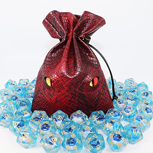 Dice Bag Can Hold 6 Dice Sets, Glow in The Dark Eyes Large Dragon D and D Dice Storage Bag for DND Board Games, Red Fiery Dragon Leather Coin Pouch for Fantasy RPG Games Accessories, Drawstring Pouch