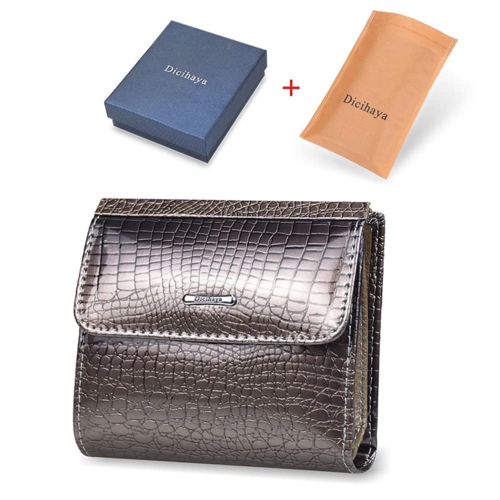 Dicihaya Women Small Compact Bifold Genuine Leather Wallet Ladies Mini Purse with ID Window Coin Pocket (Silver)