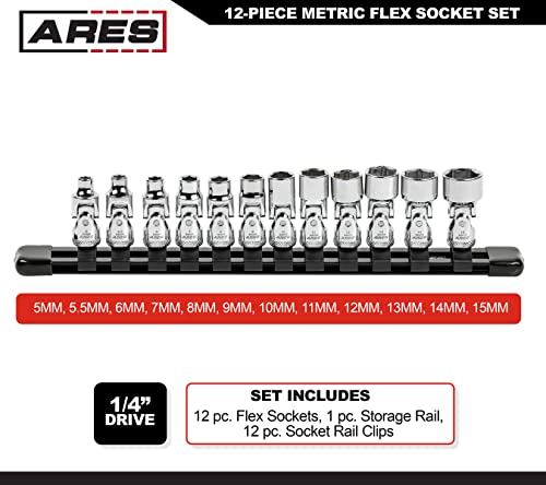 ARES 39009-12-Piece 1/4-Inch Drive Metric Flex Socket Set - 6 Point Sockets Constructed From Premium Heat Treated Chrome Vanadium Steel - Storage Rail Included