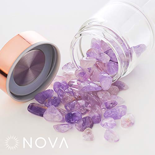 Rose Gold Crystal Elixir Infused Clear Motivational Water Bottle + Tea Infuser + Protective Sleeve + Removable Crystals Healing Stones | Witchcraft Supplies Infuser Water Bottle β 15 Oz (Amethyst)
