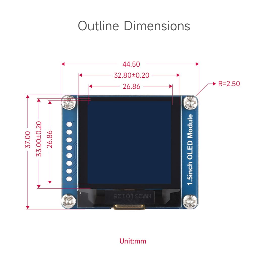 Waveshare 1.5inch OLED Display Module 128x128 Pixels 16-bit Grey Level with Embedded Controller Communicating via SPI or I2C Interface.
