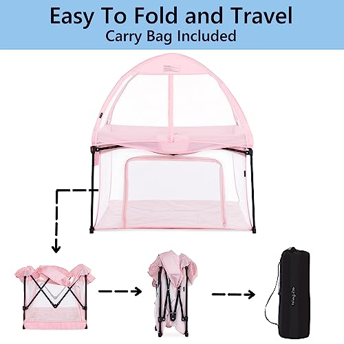 Dream On Me Ziggy Square Playpen with Canopy | Baby Playpen | Portable and Lightweight | Playpen for Babies and Toddler | Pink