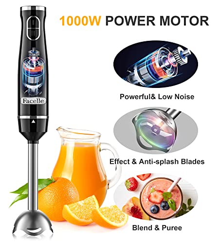 Facelle Immersion Hand blender 1000W, 4-in-1 Handheld Smoothie Blender Stick Blender with Chopper, Beaker, Whisk for Smoothie, shakes, Baby Food, Sauces Red, Puree, Soup