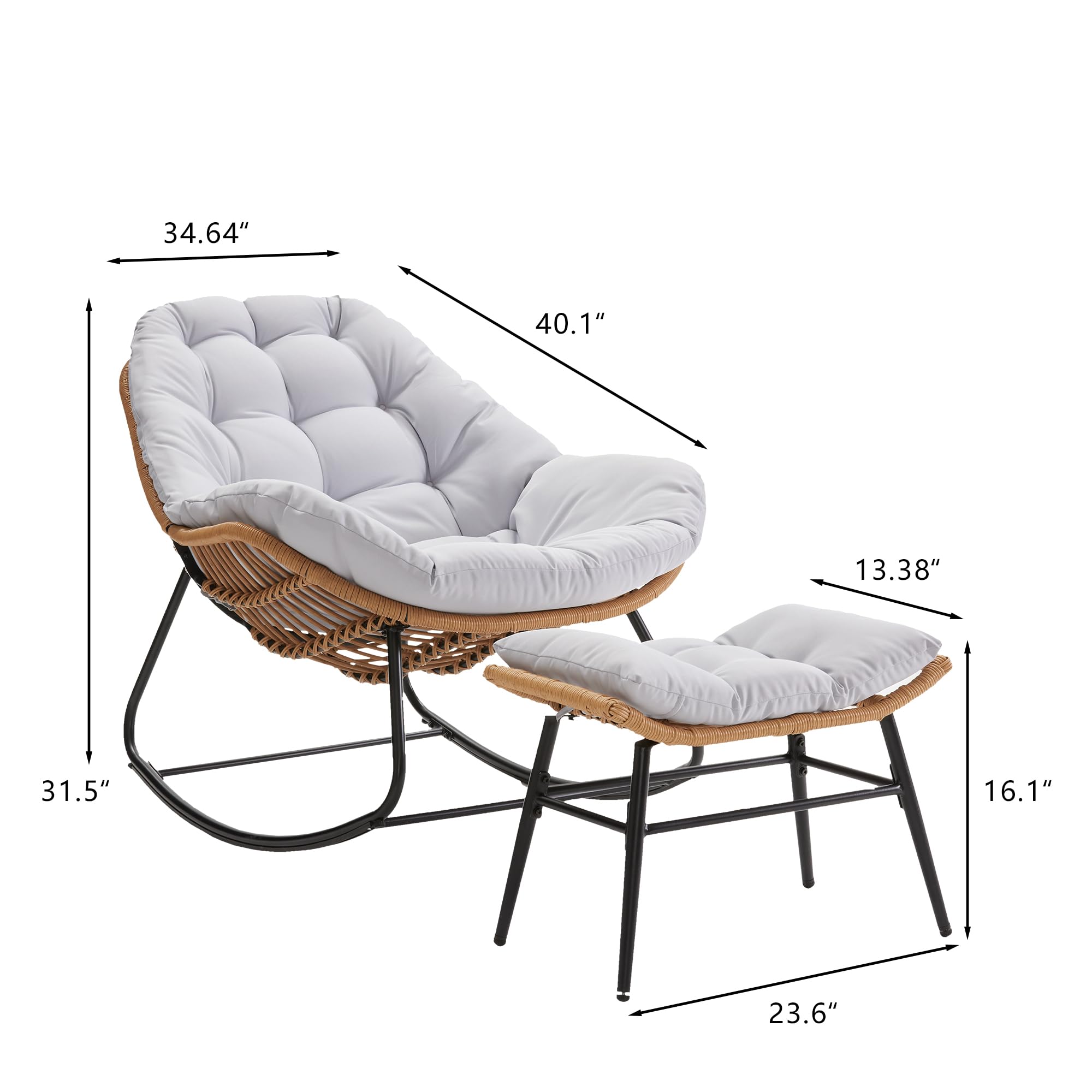 Apepro Wicker Rocking Chair with Footstool,Patio Rocking Chairs with Thickened Cushions,Outdoor Rocking Chair Glider Rocking Chair,Light Grey