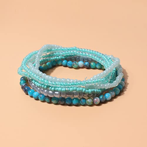 COLORFUL BLING 5-6pcs Handmade Bohemian Stackable Bead Bracelets Set for Women Layered Stretch Bangles Bracelets Boho Multicolor Seed Vaction Wristbands Jewelry-blue