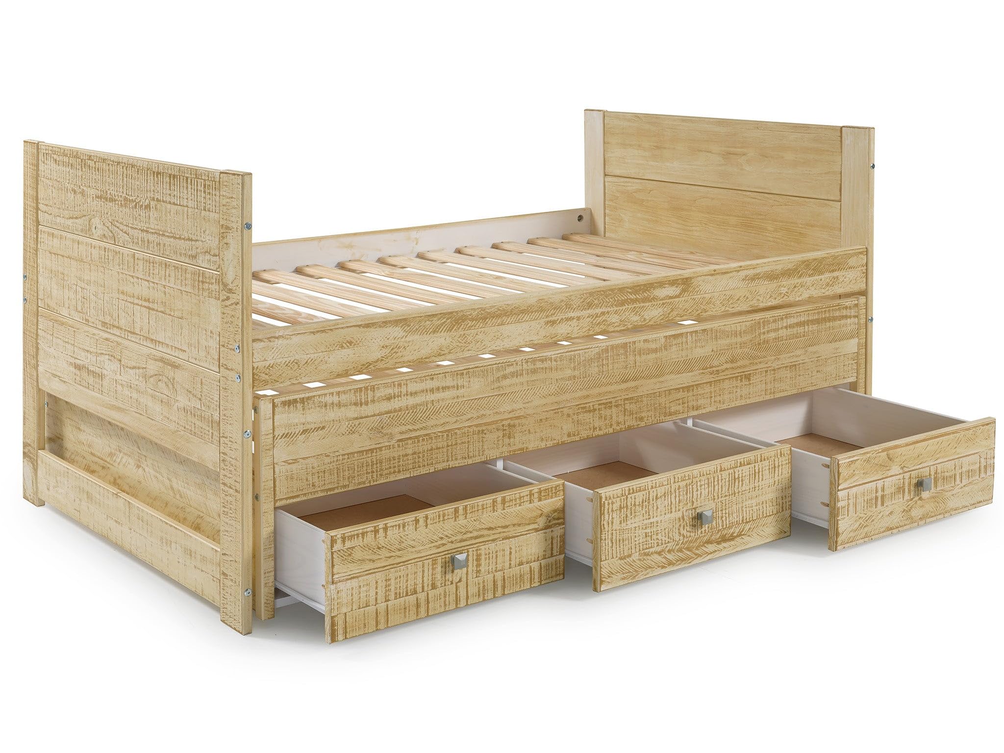 Bedz King All in One Twin Bed with Twin Trundle and 3 Built in Drawers, Weathered Honey