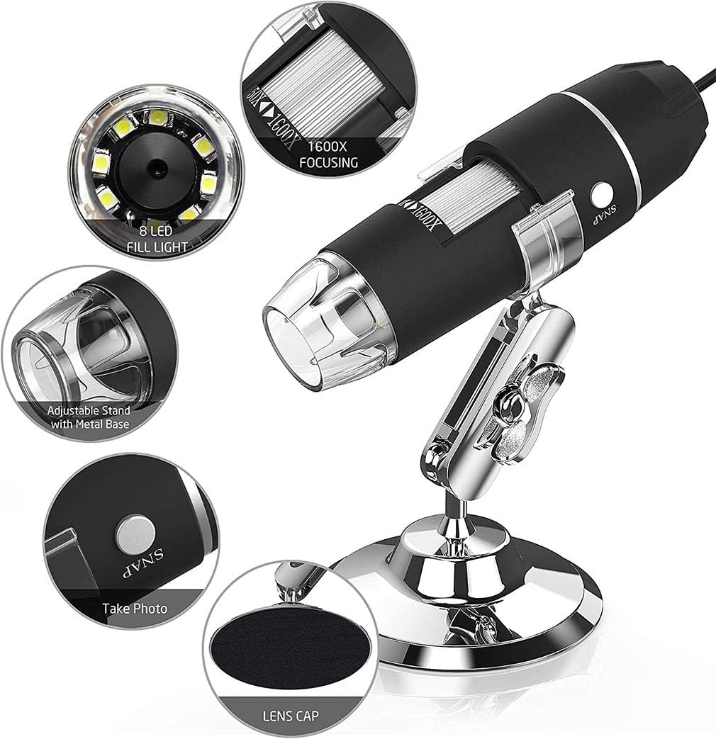 Grewtech USB Digital Microscope 1600x 8 LED Magnification Endoscope Camera with Metal Stand Compatible with Windows, Android and Mac