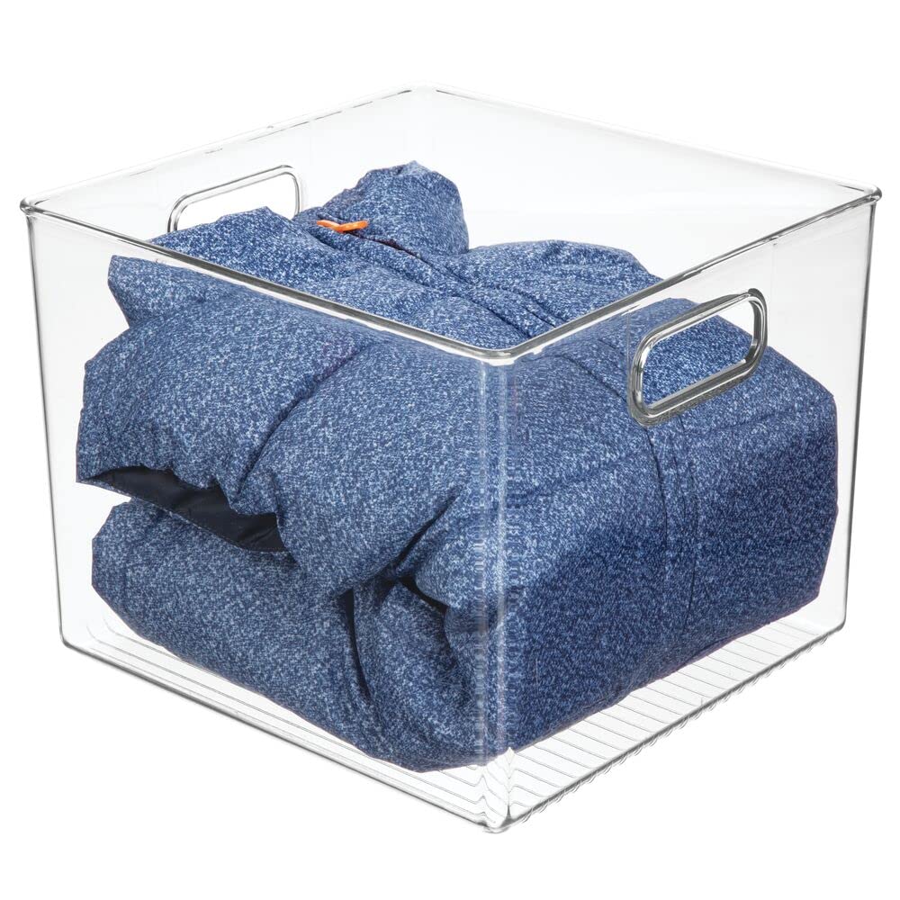 mDesign Small Modern Plastic Storage Organizer Bin Basket with Handles for Home Closet Organization - Shelf, Cubby, Cabinet, and Cupboard Organizing Decor - Ligne Collection - Clear