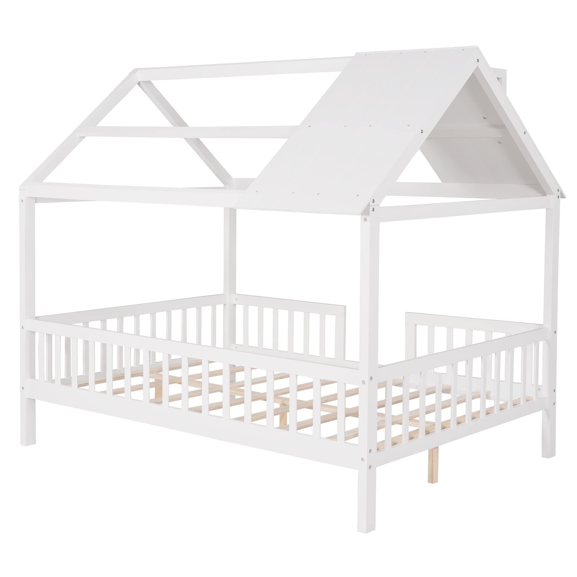 AOCOROE Full Size House Bed Frames for Boys and Girls,Wood Full Bed Frame House-Shaped Canopy Bed Frame with Slats and Surrounding Guard Rails, Full Size