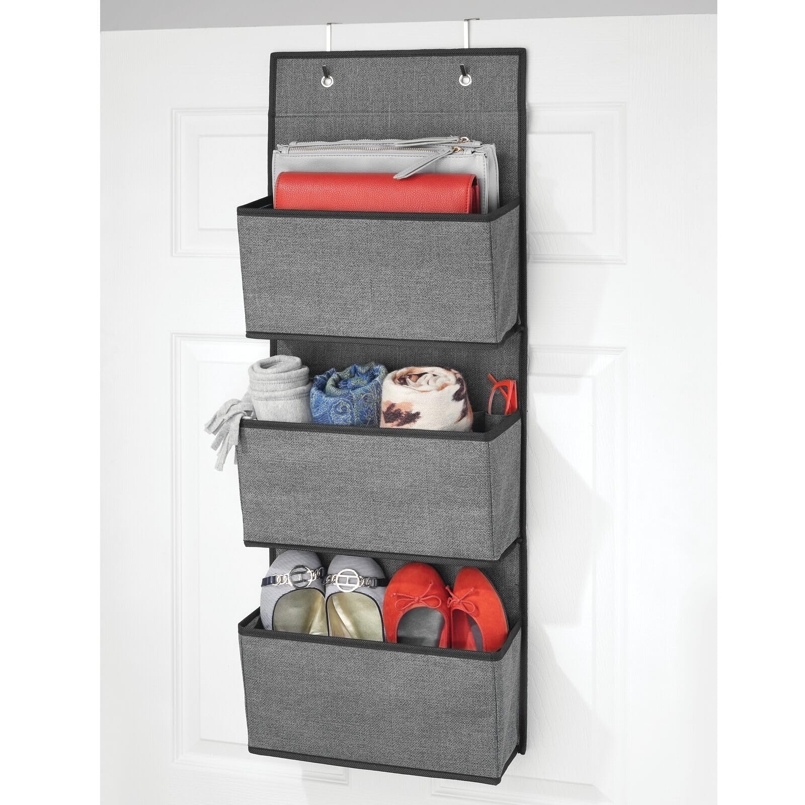 mDesign Fabric Hanging Organizers for Over The Door Storage in Bedroom/Hallway Closets, 3 Pocket Organizer Caddy, Hooks for Clothing, Accessories, Lido Collection, Textured Print, Charcoal Gray/Black