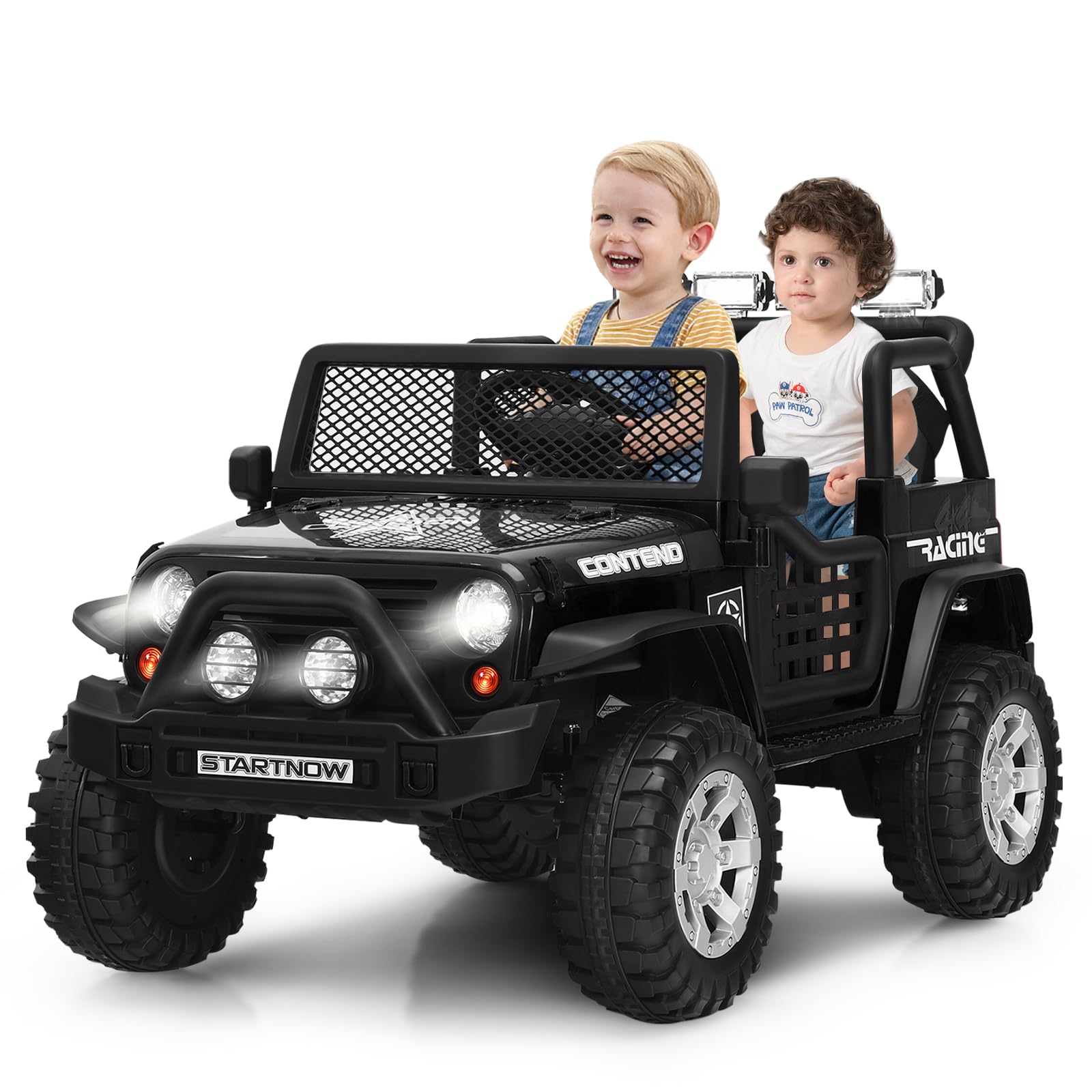 Costzon 2-Seater Ride on Truck, 12V Battery Powered Electric Vehicle w/Remote Control, 2 Speeds, Spring Suspension, LED Light, Horn, Music/ MP3, 2 Doors Open, Ride on Car for Kids (Black)