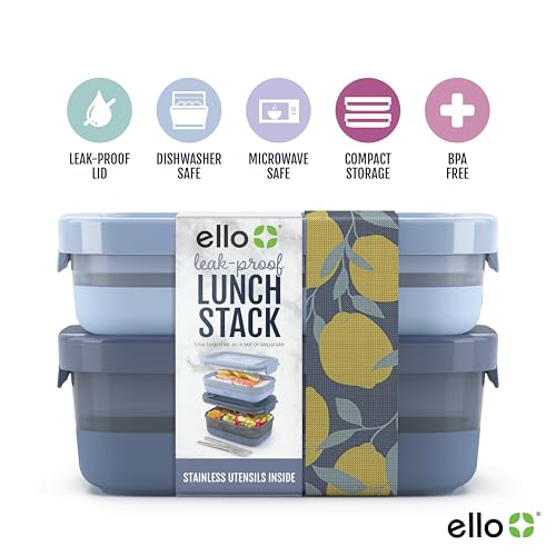 Ello 2-Pack Lunch Stack Plastic Food Storage Container Bento Box with Airtight, Leak-Proof Locking Plastic Lids and Silicone Base, BPA-Free, Freezer, Microwave, and Dishwasher Safe, Blueberry