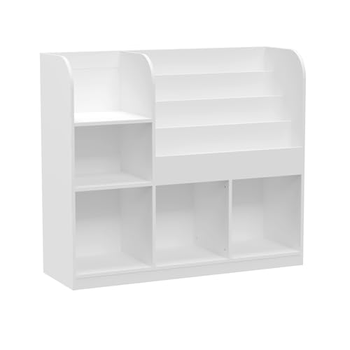 AOCOROE Kids Bookshelf, Wooden Bookcase, Toy Storage Cabinet Organizer with 4-Tires Bookshelf, Book Organizer with 3 Collapsible Fabric Drawers