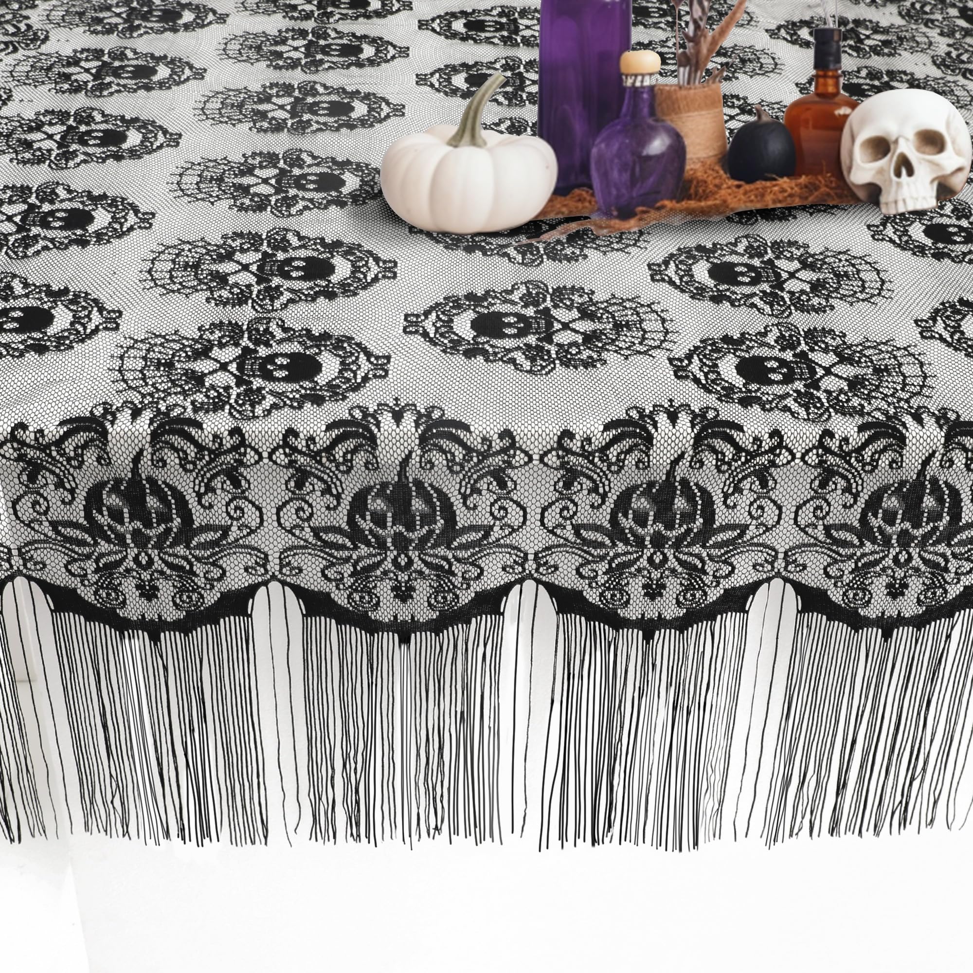 OWENIE Halloween Tablecloth, Skull Lace Fabric Tablecloths with Tassel, Black Pumpkin Table Cloths Table Cover for Rectangle Tables for Parties Gothic Halloween Home Decorations, 52x52 Inch