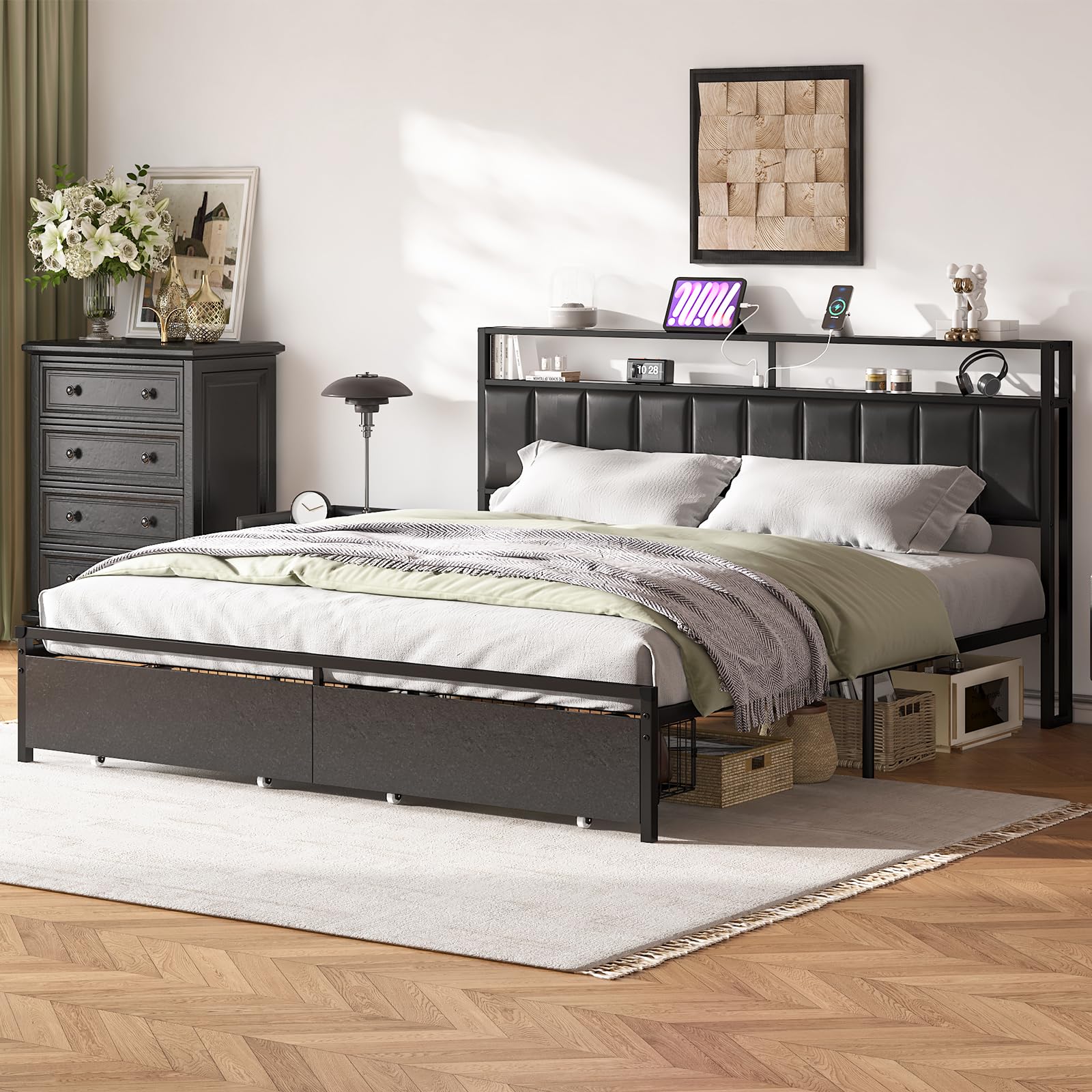 Albott Queen Storage Bed Frame with 2 Drawers, Platform Bed with 2-Tier Storage & Leather Upholstered & Charging Station Headboard, No Box Spring Needed, Noise Free, Easy Assembly, Black