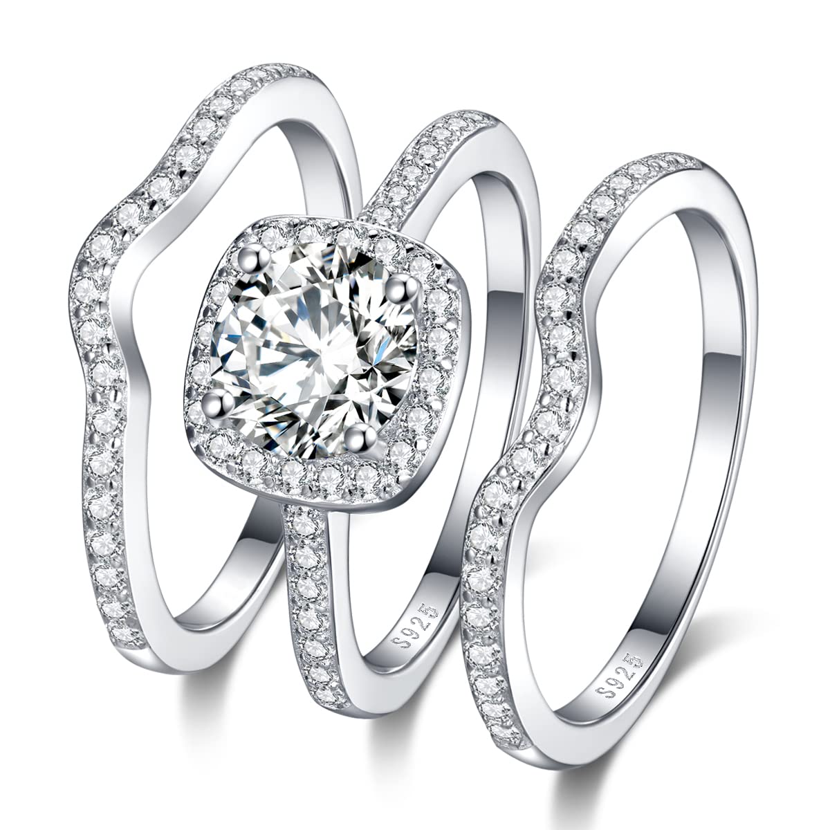 925 Sterling Silver 3 Pcs Bridal Ring Sets Round Cut CZ Engagement Rings for Women Wedding Bands for Women Size 6 7 8 9 (Silver, 6)