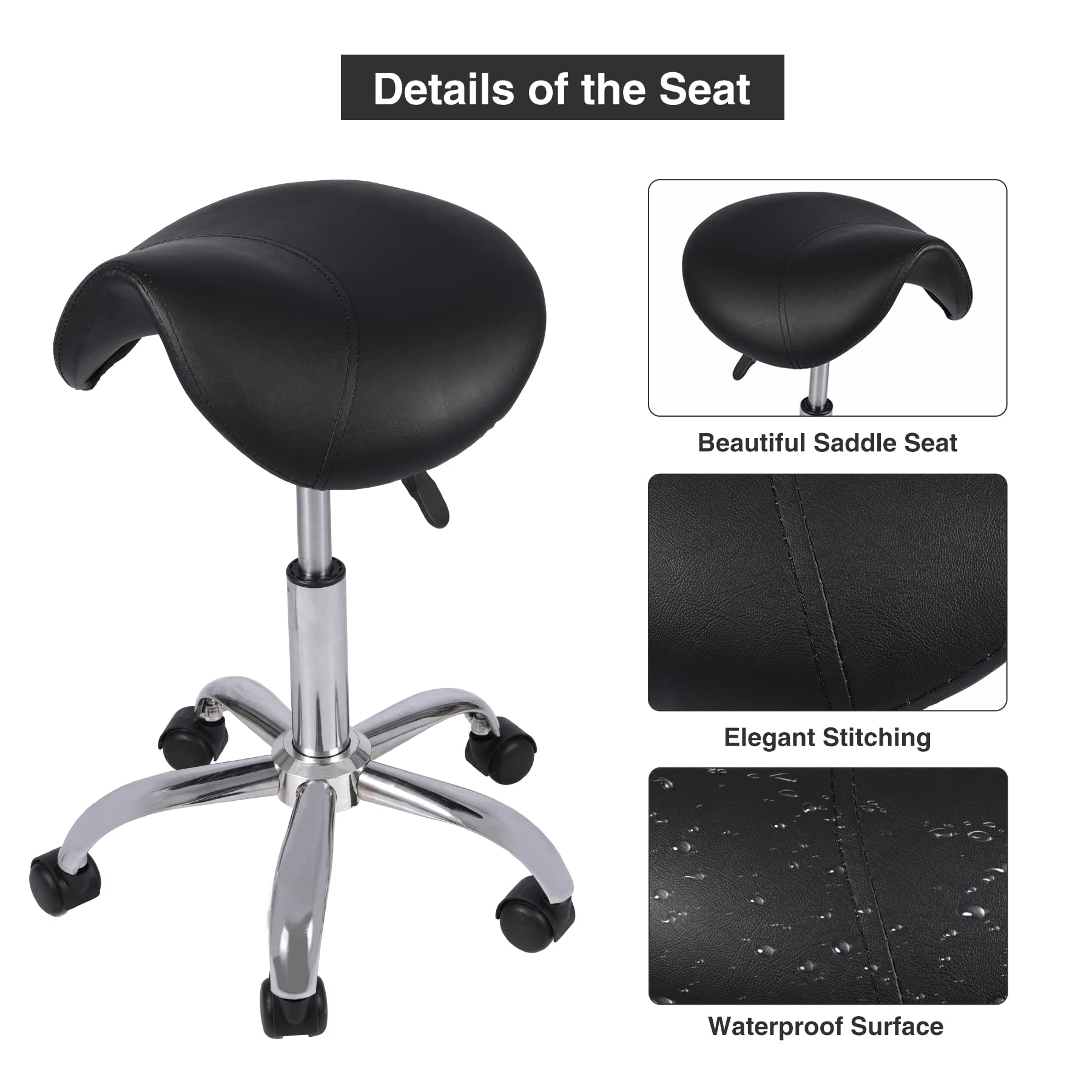 AKVOMBI Saddle Stool with Wheels, Ergonomic Saddle Chair with Wheels for Spa, Salon, Massage and Esthetician, Adjustable Hydraulic Seat, Black