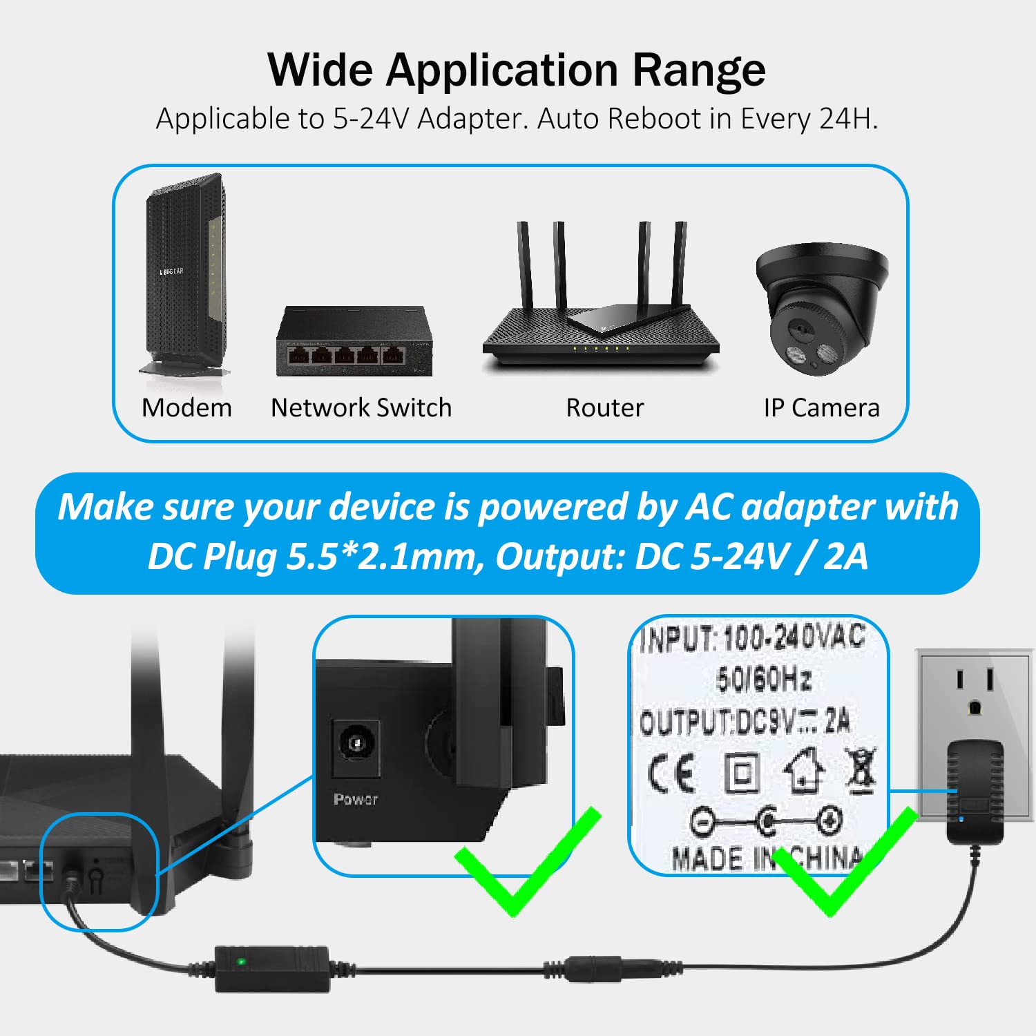 5.5 x 2.1mm Extension Cable with Router Rebooter (10 Inches Length), Works with AC Adapter to Reboot WiFi Router / Modem / Switch / IP Camera Automatically, Refresh Your Network Connection Regularly