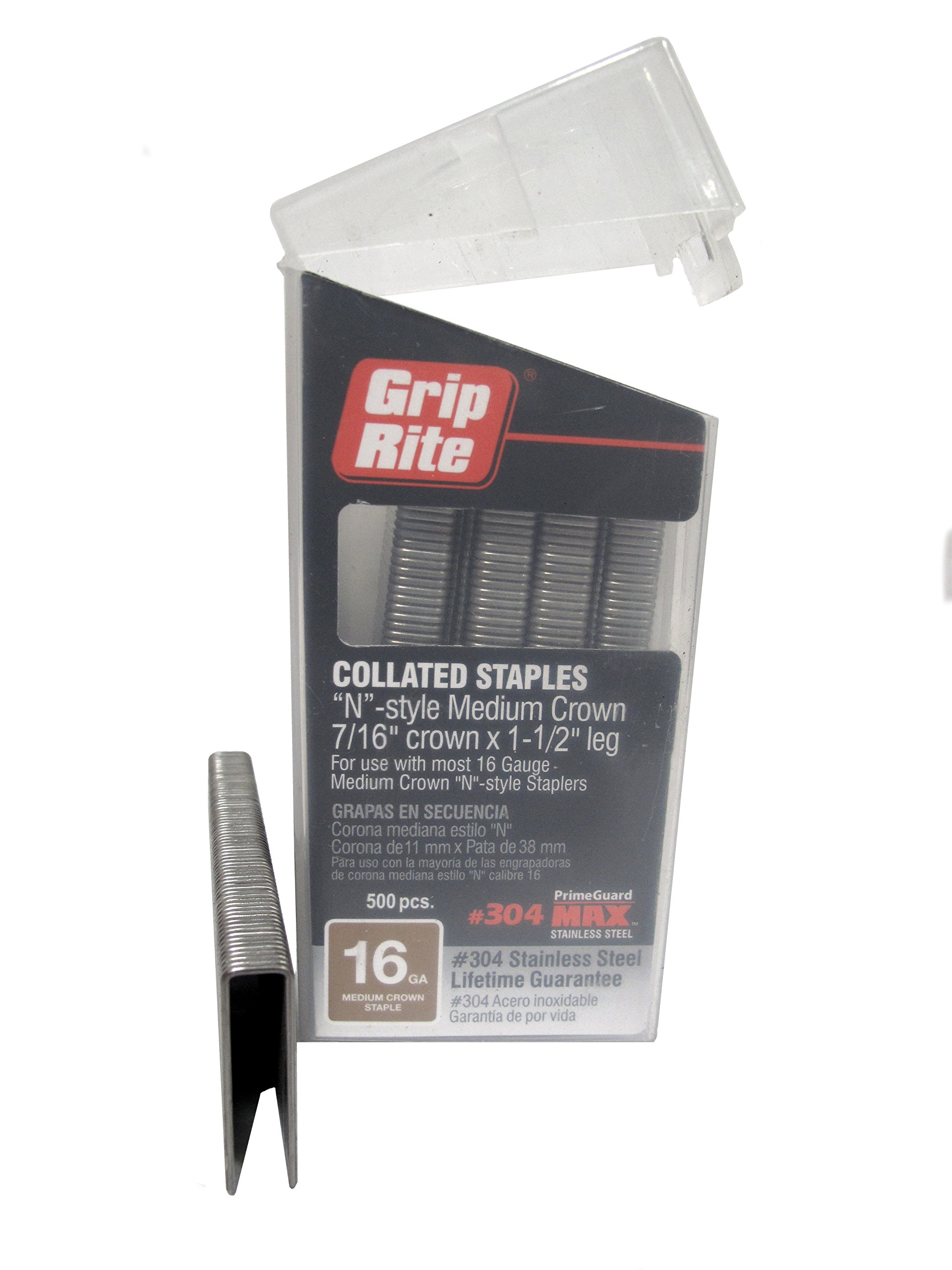 Grip Rite Prime Guard MAXB64891 16-Gauge 7/16" Medium Crown by 1-1/2" 304-Stainless Steel Staples in Belt Clip Box (Pack of 500)