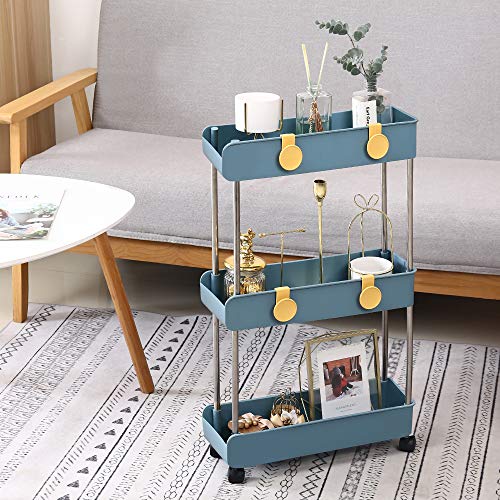 Melody House 3-Tier Slim Mobile Shelving Unit on Wheels, Slide Out Rolling Bathroom Storage Organizer, Utility Carts Shelf Rack for Kitchen Bathroom Laundry Room Narrow Places, Navy Blue