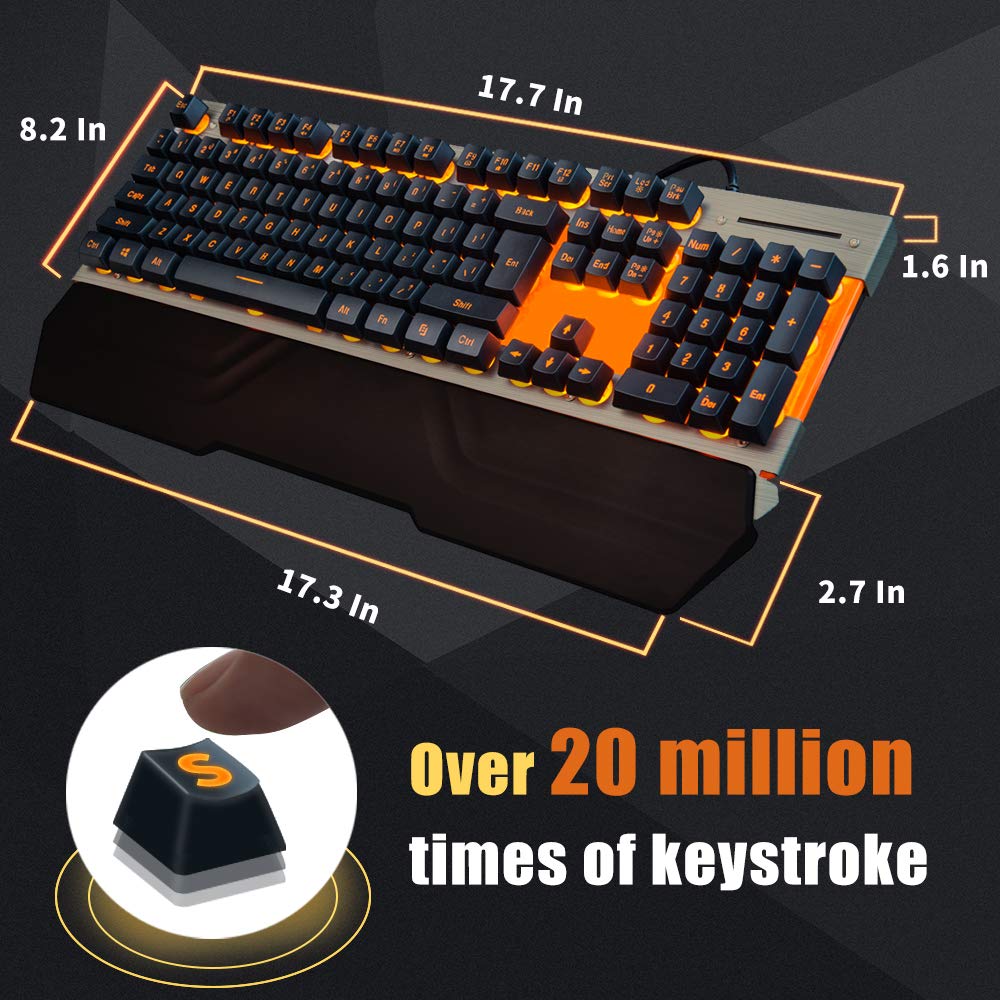 7KEYS K8 Gaming Keyboard USB Wired with Premium Big Wrist Rest, Floating Gaming Keyboard with Orange Led Backlit, Durable Metal Panel, Quiet Mechanical Feeling Keyboard, Ergonomic for PC Desktop