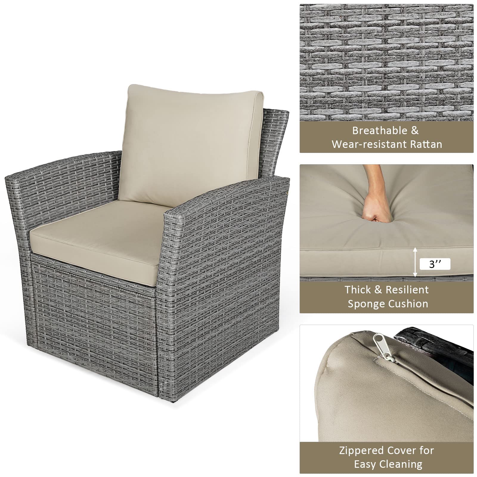 Tangkula 4 Pieces Patio Furniture Set, All Weather Outdoor Sectional Rattan Sofa Set with Cushions & Tempered Glass Table, Wicker Conversation Couch Set for Backyard Garden Poolside