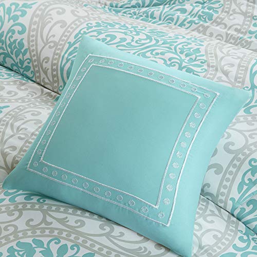 Intelligent Design ID10-898 Senna Comforter Set King/Cal King Size - Aqua Blue/Gray, Damask β 5 Piece Bed Sets β Ultra Soft Microfiber - All Season Comforter Set Bedding