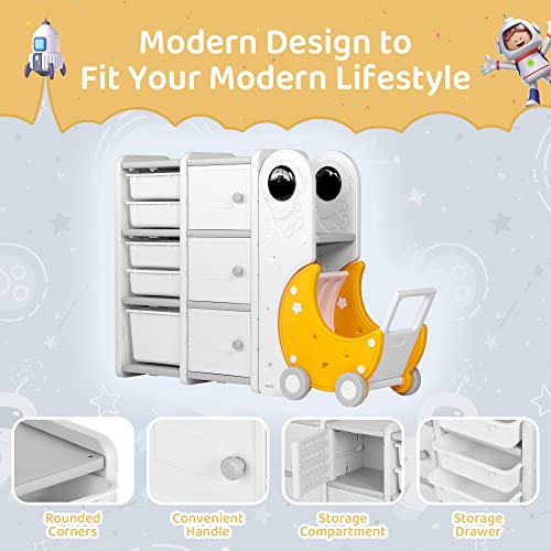 duke baby Kids 3 Layer Toy Storage Organizer with 5 Storage Bins, 3 Toy Cabinets with Doors, Display Bookshelves and Toy Cart for Kids Playroom Bedrooms Age 1-12, Space Collection Medium