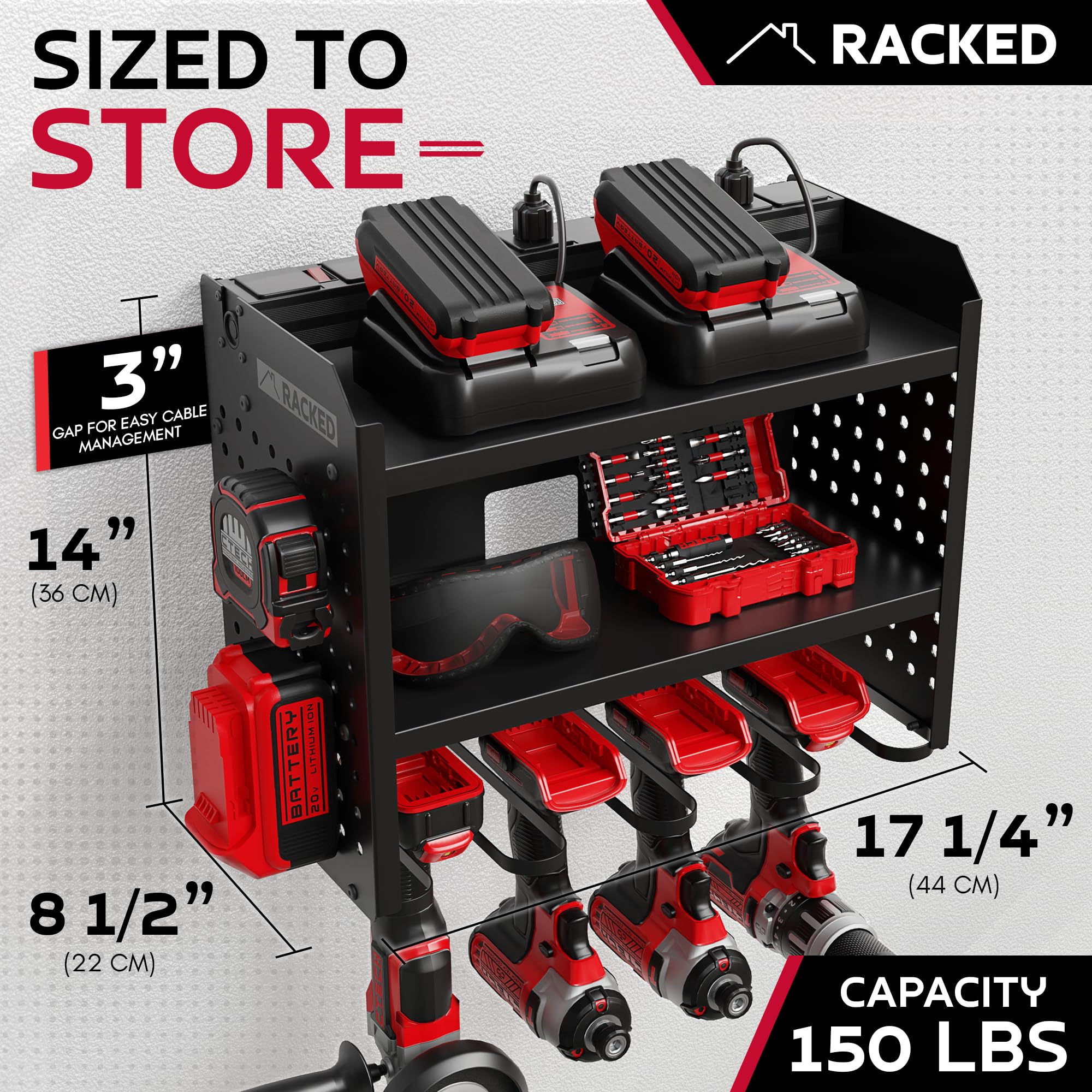 RACKED Power Tool Organizer Wall Mount - Heavy Duty Garage Organization w Side Pegboard, Outlet Charging Power Strip & Drill Holder - Easy to Install Tool Storage Rack for Screws & More