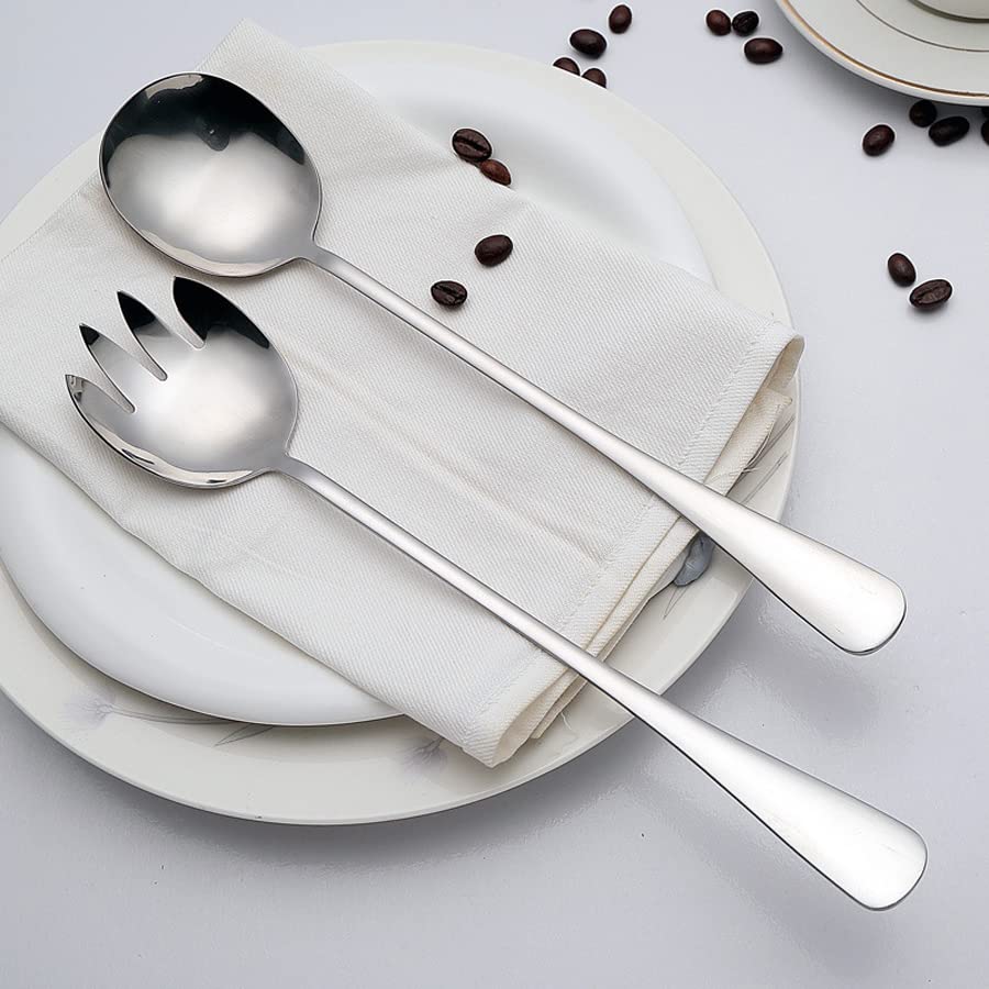 ARFUKA Salad Servers Salad Serving Sets Stainless Steel 11" Buffet Salad Spoon and Salad Fork Dishwasher Safe Large Metal Serving Utensils Silver, Set of 3