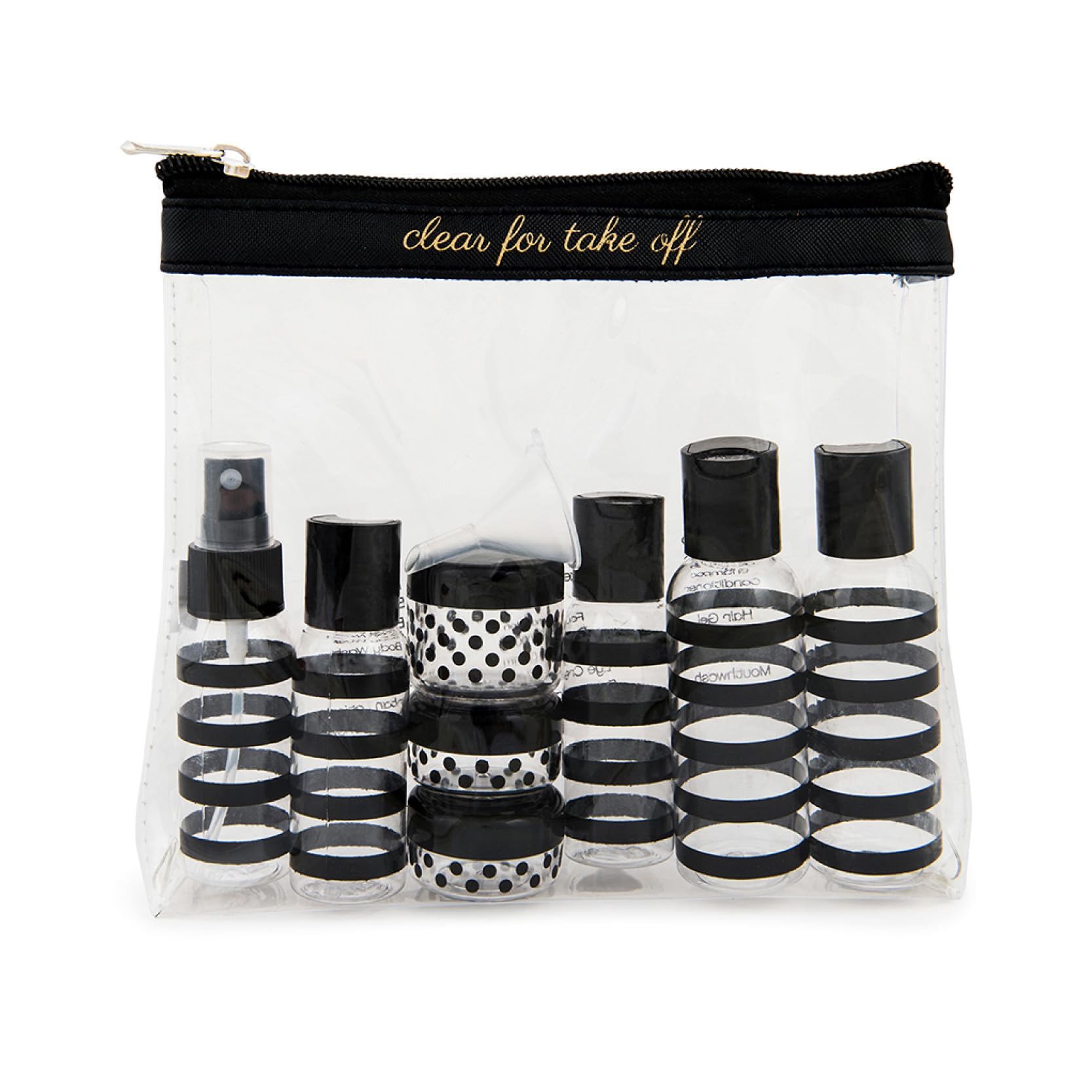 Miamica “Clear for Take Off” TSA Compliant Travel Bottles and Travel Toiletry Bag – Includes 12 Pieces – 7.55" L x 7.4" W x 1.8" D, Clear/Black – Cute Travel Gifts